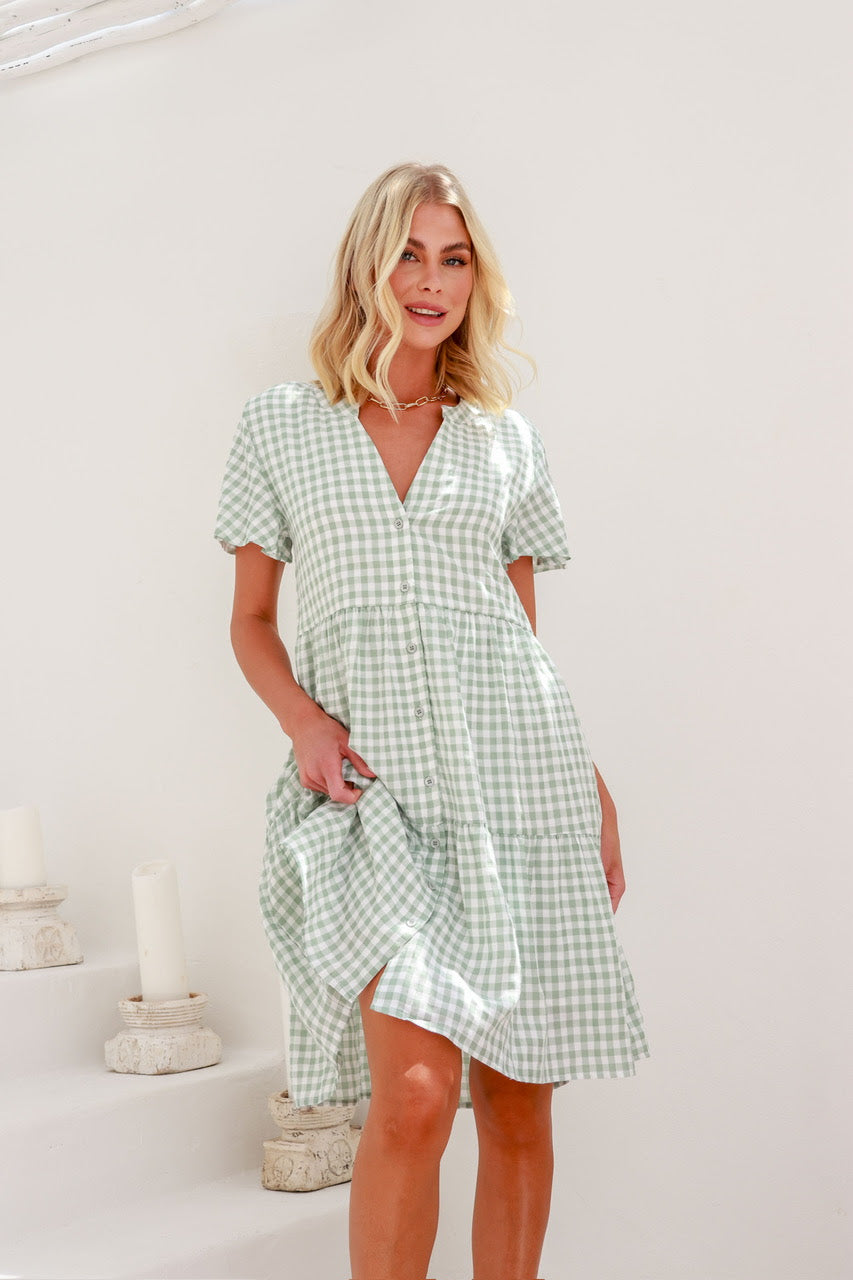 Grace & Co - Penelope Button Front Tiered Babydoll Dress - Sage Gingham ...