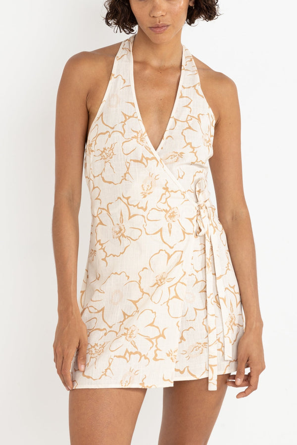 Rhythm Lulu Floral Wrap Mini Dress – White | Linen Blend Halter Mini – Catani Clothing